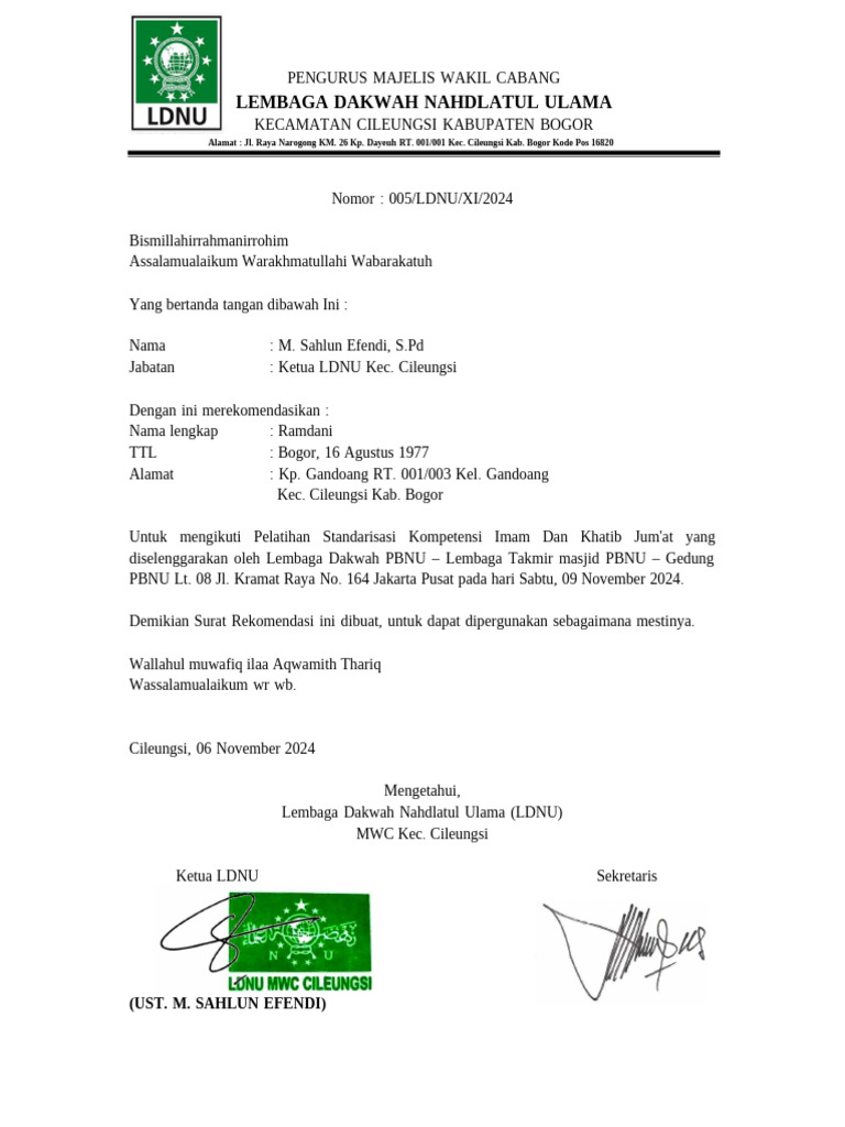 Surat Rekomendasi Pelatihan Bpk. Ramdani | PDF