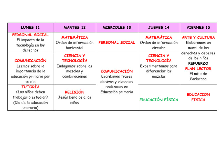 Horario Del 11 Al 15 de Noviembre 4to D | PDF