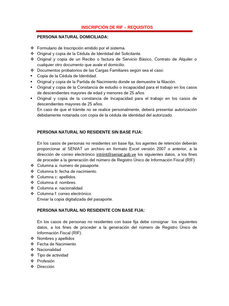Requisitos para La Inscripcion de Rif Actualizado | PDF | Documento de identidad