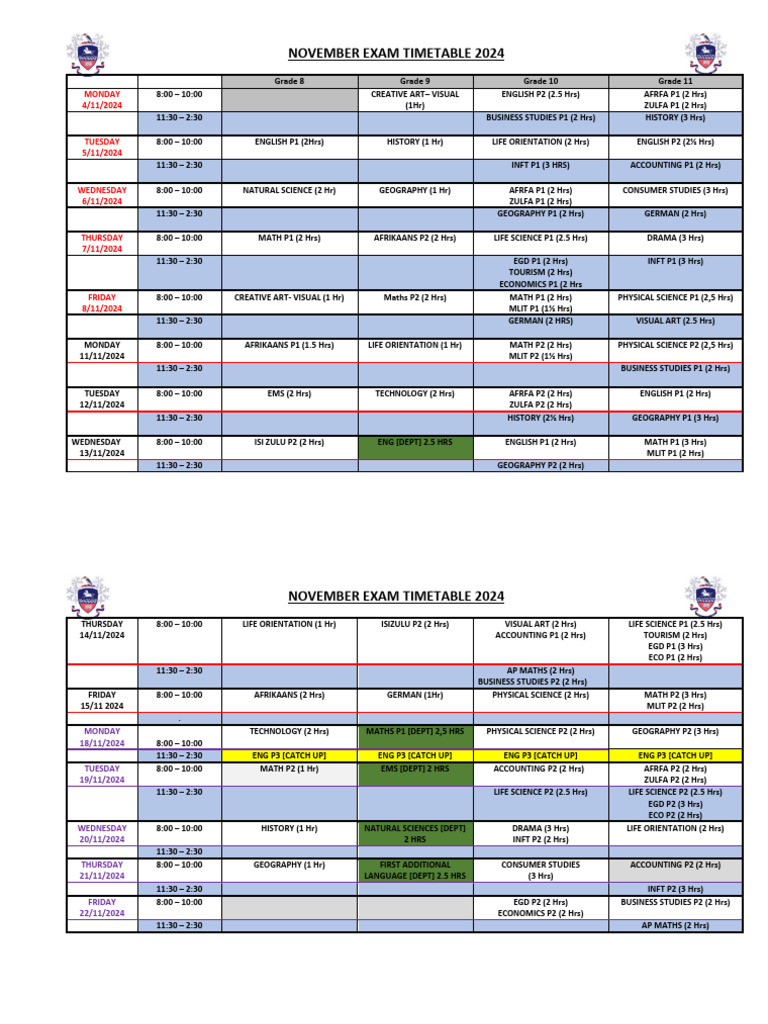 November 2024 Exam Timetable | PDF