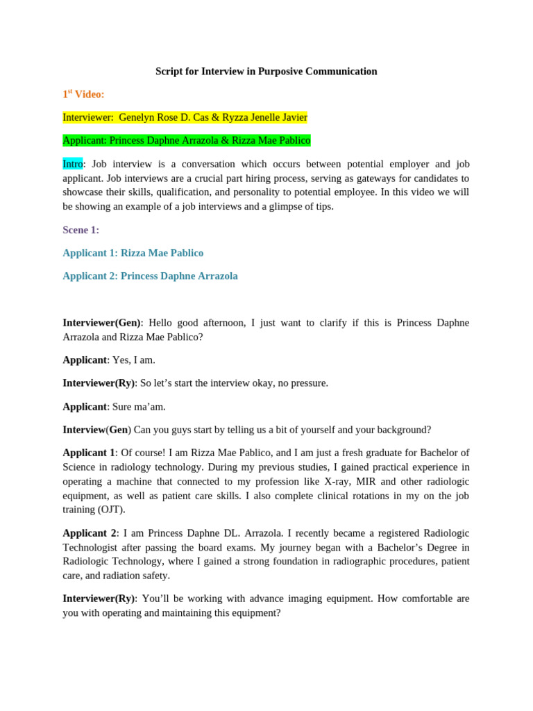 Script For Interview in Purposive Communication | PDF | Radiology | Empathy