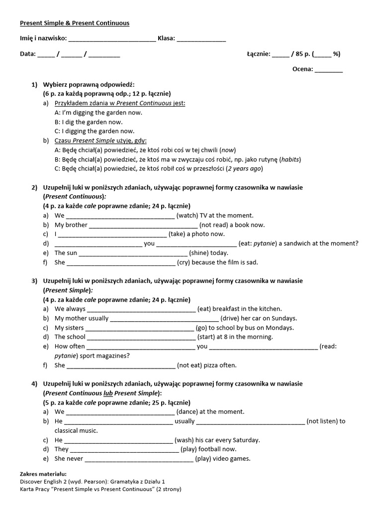 Present Simple & Present Cont - SPRAWDZIAN MOJE v2 | PDF