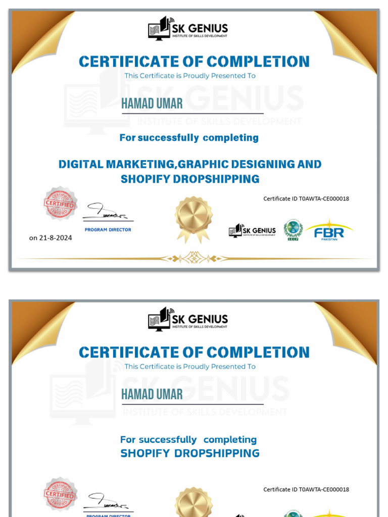 Certificate For Hamad Umar For - SK Genius Institute Certifi... | PDF