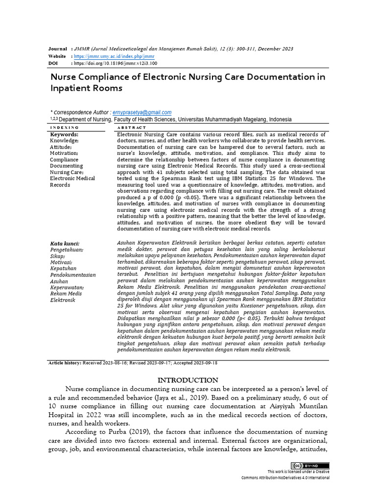 Nurse Compliance of Electronic Nursing Care Documentation in Inpatient ...