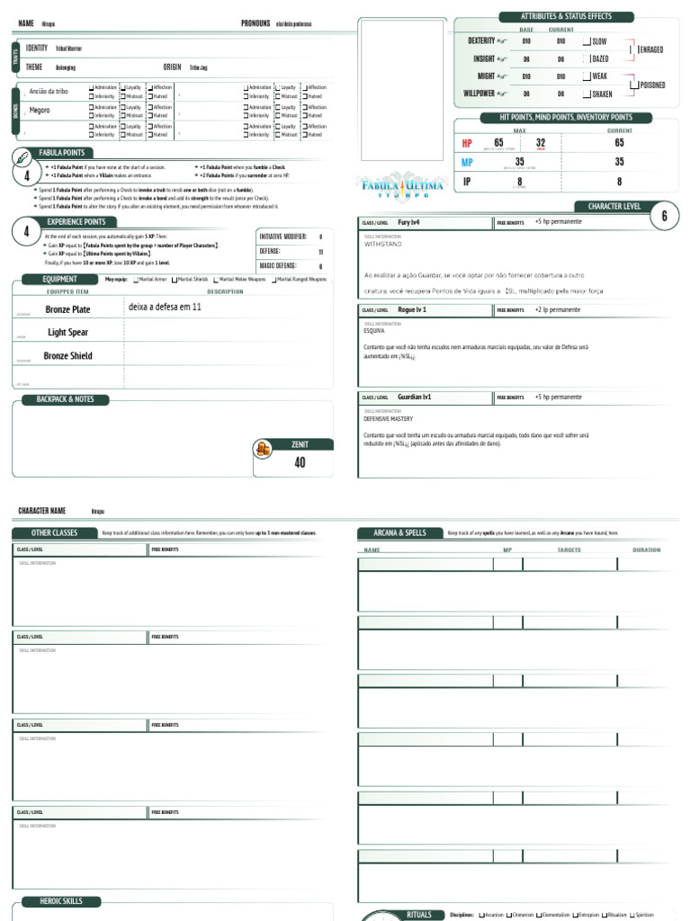 Character Sheet for RPG Defense System | PDF | Role Playing | Tabletop ...