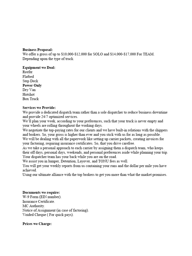 Business Purposal - Trucking Dispatching | PDF