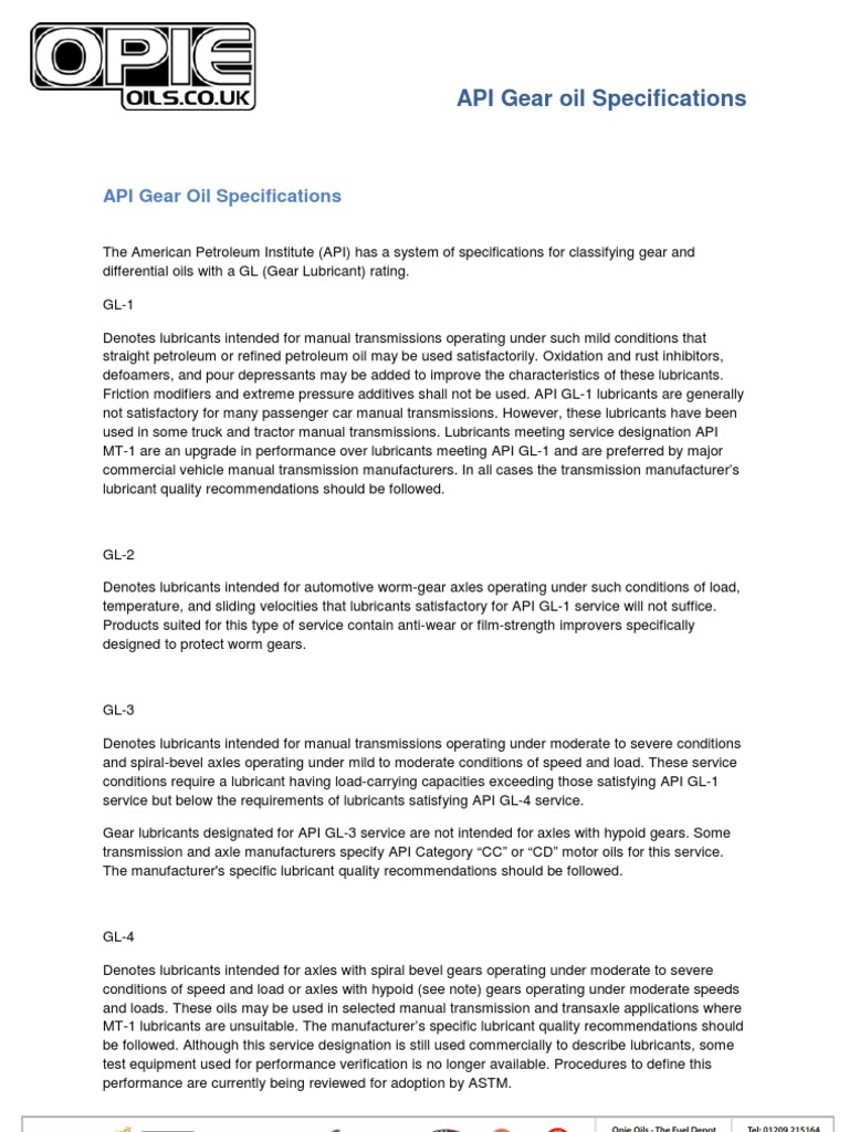 API Gear Oil Specifications | PDF | Wheeled Vehicles | Automobiles