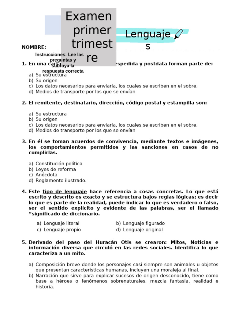 Examen Lenguajes Primer Trimestre | PDF