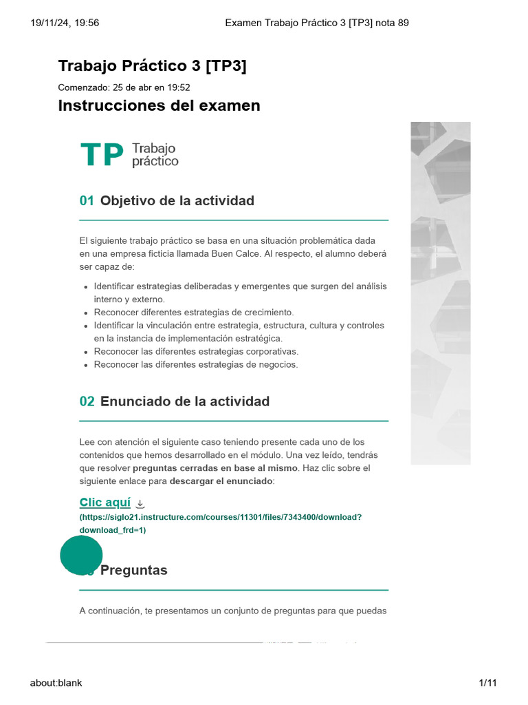 Examen Trabajo Práctico 3 (TP3) Nota 89 | PDF