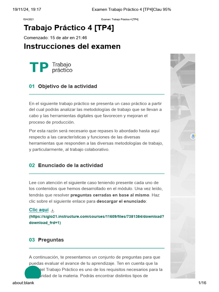 Examen Trabajo Práctico 4 (TP4) Clau 95% | PDF