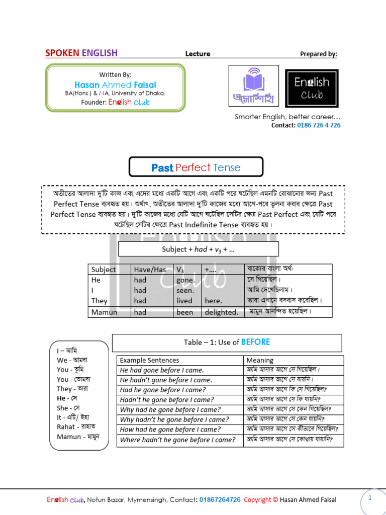 Past Perfect Tense For PDF | PDF | Grammar | Semantic Units