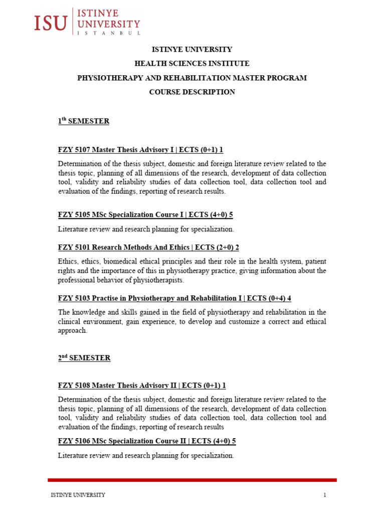 Physiotherapy and Rehabilitation Master Program Course Description ...