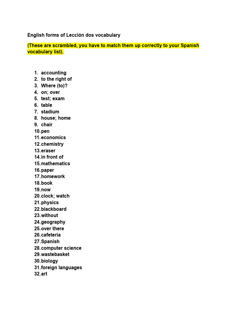 English Forms of Leccion Dos Vocabulary Sp1 | PDF | Social Science ...