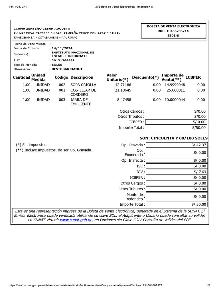 Boleta de Venta Electrónica SUNAT | PDF