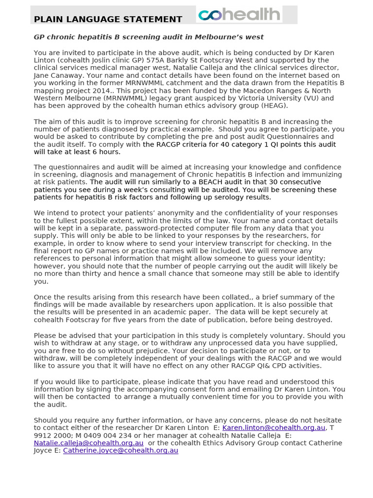 Sample Plain Language Statement Letter Model | PDF | Hepatitis ...
