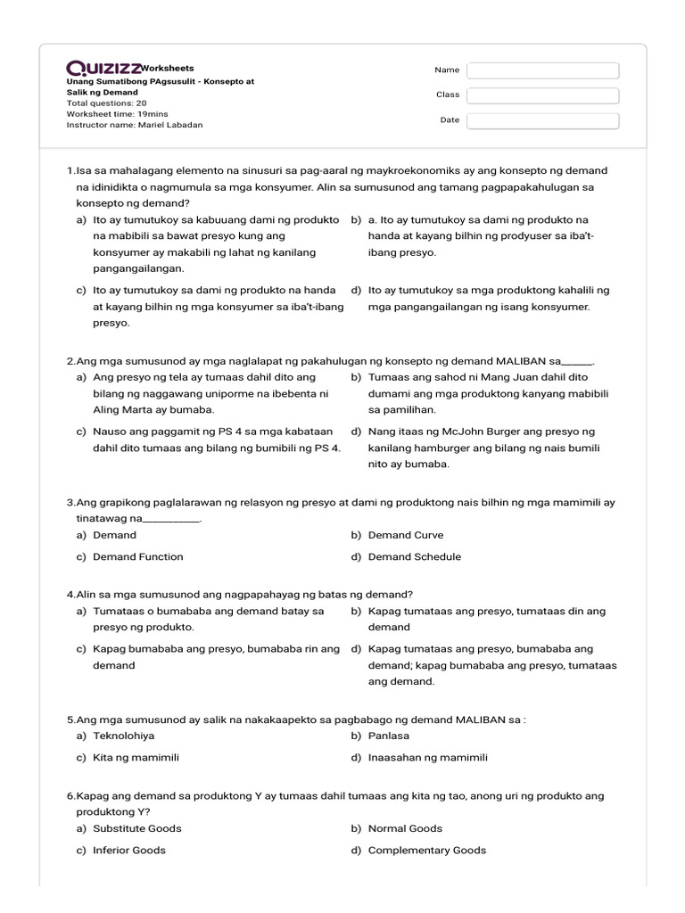 Unang Sumatibong PAgsusulit - Konsepto at Salik NG Demand - Quizizz | PDF