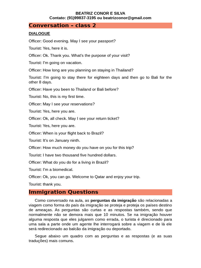 Material de Apoio Com Exercícios para Conversation (Aula 2) | PDF