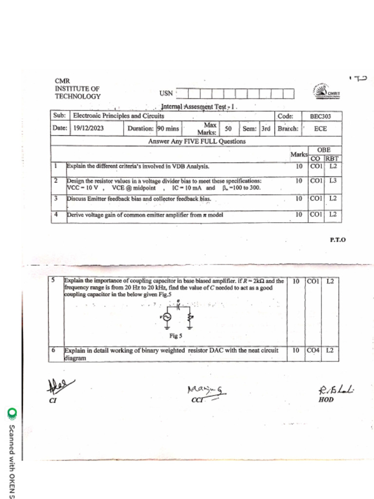 IAT-I Question Paper With Solution of BEC303 Electronic Principles and ...