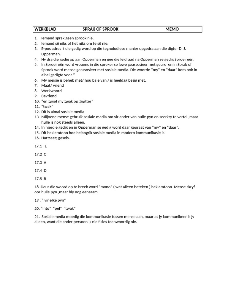 Werkblad 3 Sprak of Sprook Memo | PDF
