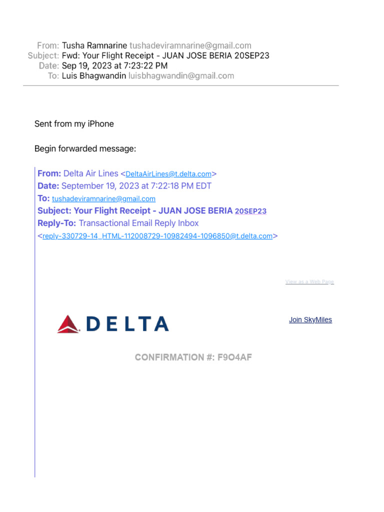 FWD Your Flight Receipt - Juan Jose Beria 20sep23 | PDF | Delta Air Lines