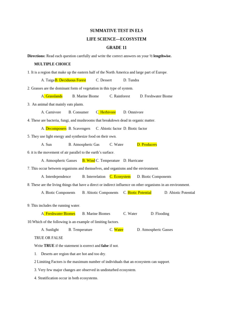 SUMMATIVE TEST IN ELS | PDF | Ecosystem | Ecology