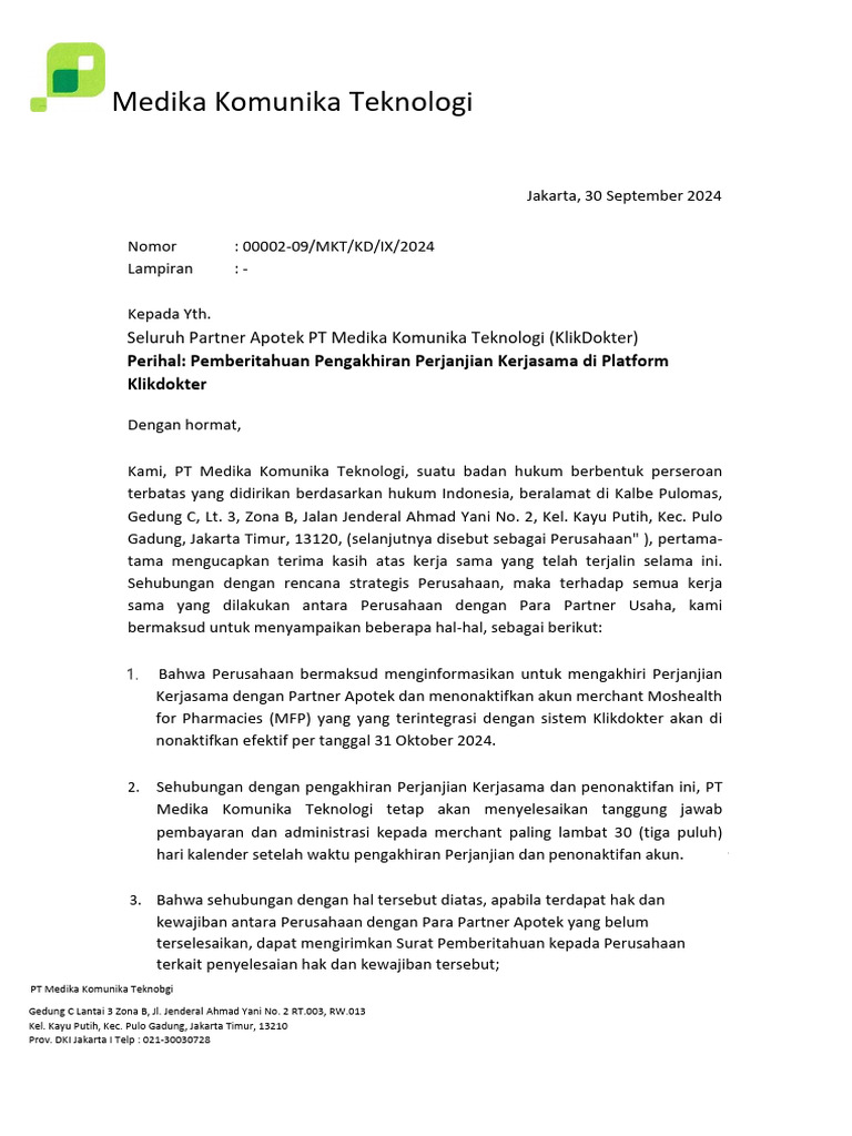 Pengakhiran Kerjasama KlikDokter | PDF