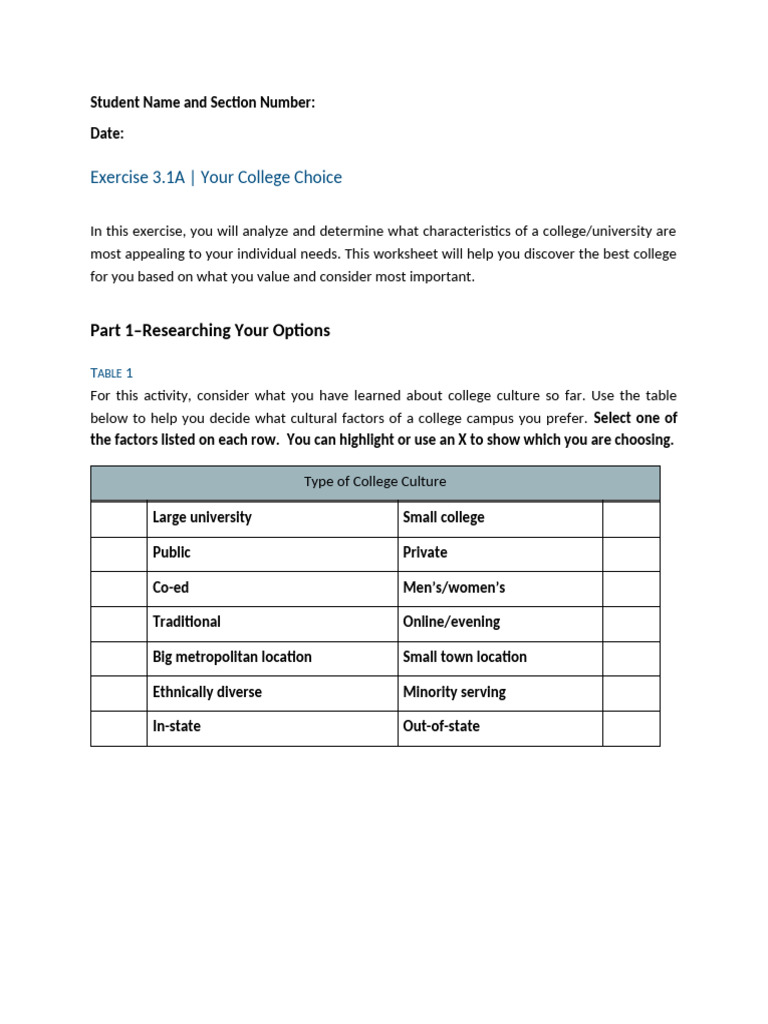 College Selection Worksheet | PDF