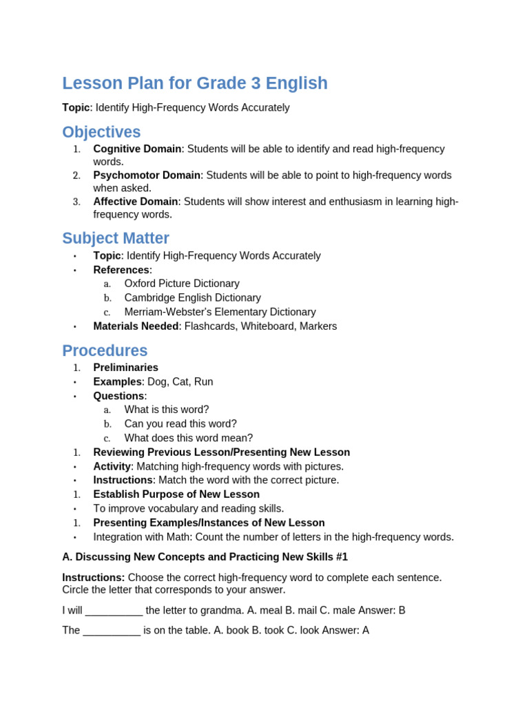 Grade 3 Lesson: High-Frequency Words | PDF | Cognitive Science | Cognition
