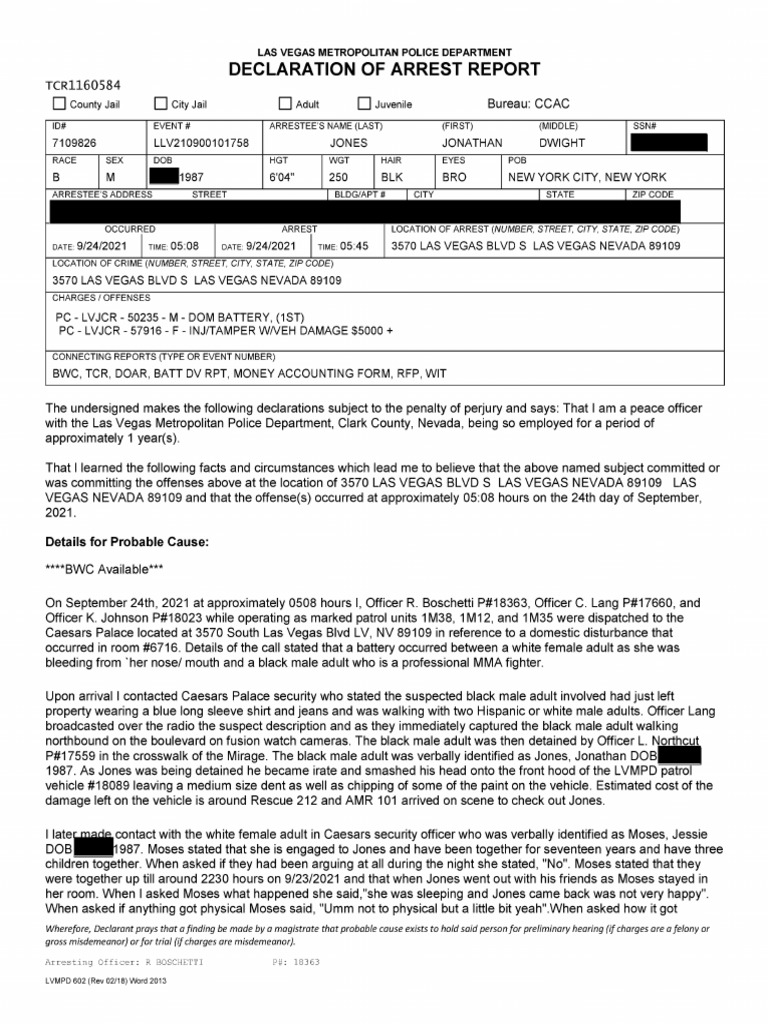 Jon Jones Las Vegas Police Arrest Report | PDF | Social Science
