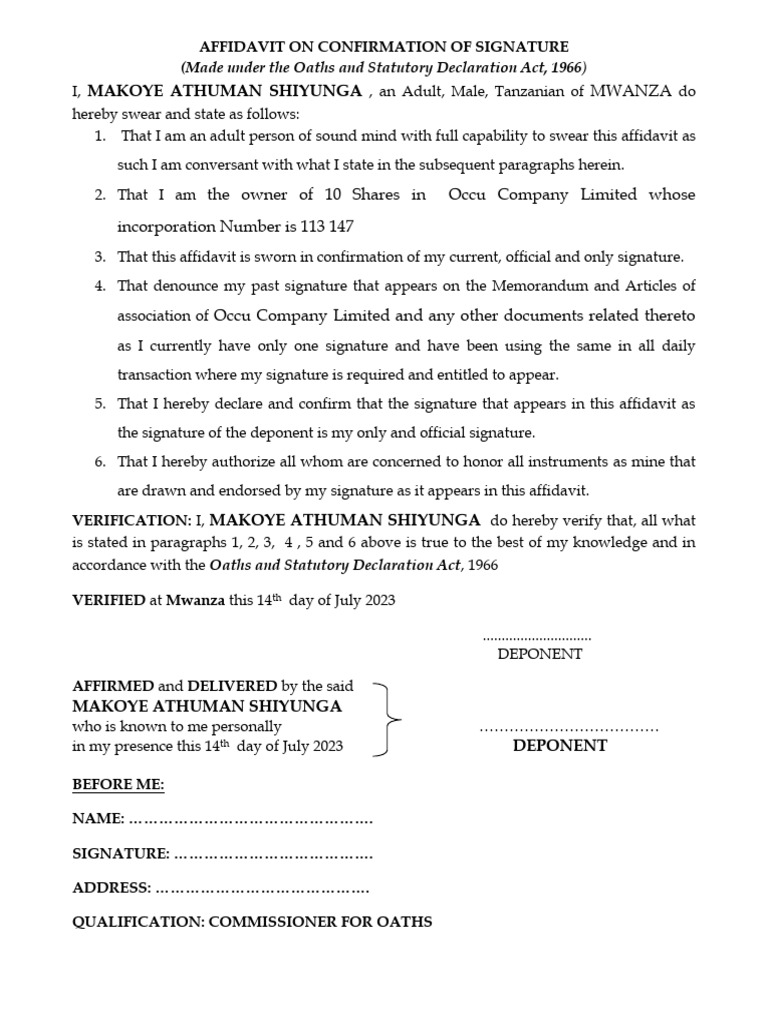 Confirmation of Signature MAKOYE ATHUMAN SHIYUNGA | PDF | Law