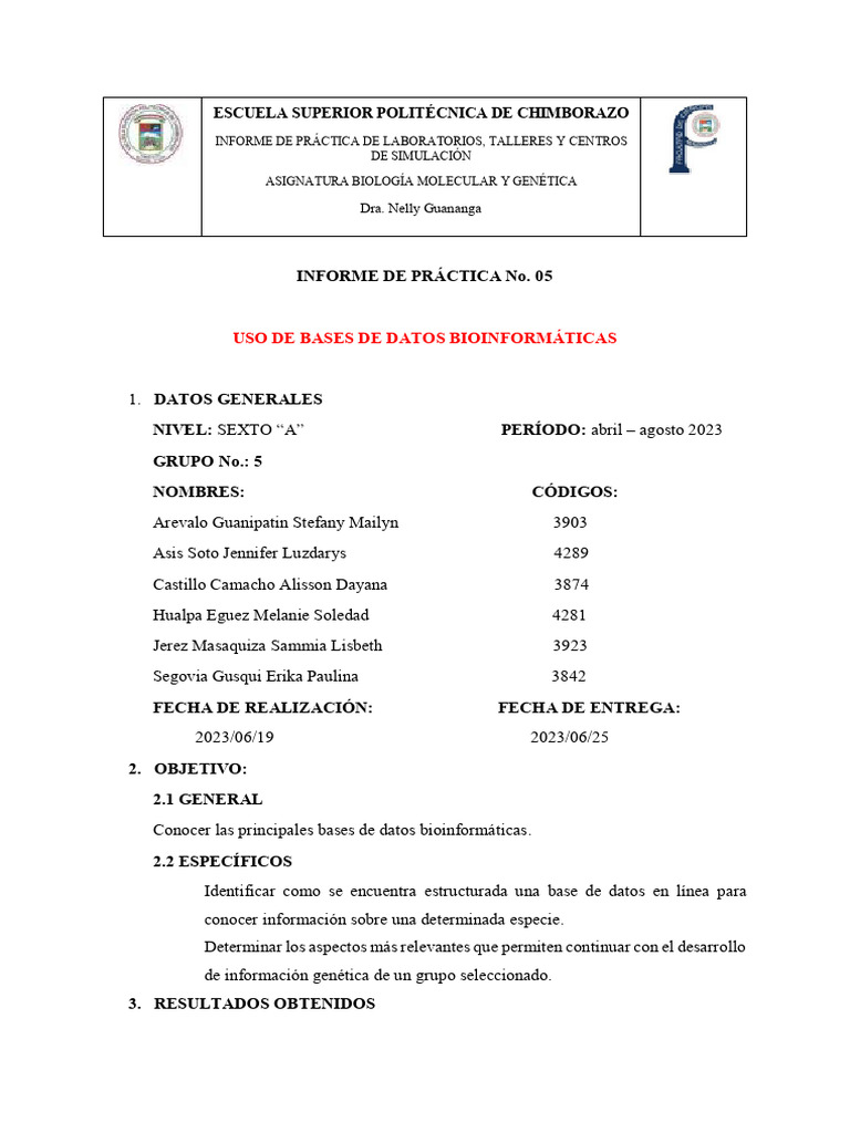Inf. 5 - Uso de Bases de Datos Bioinformáticas - Grupo#5 | PDF | Centro Nacional de Información ...