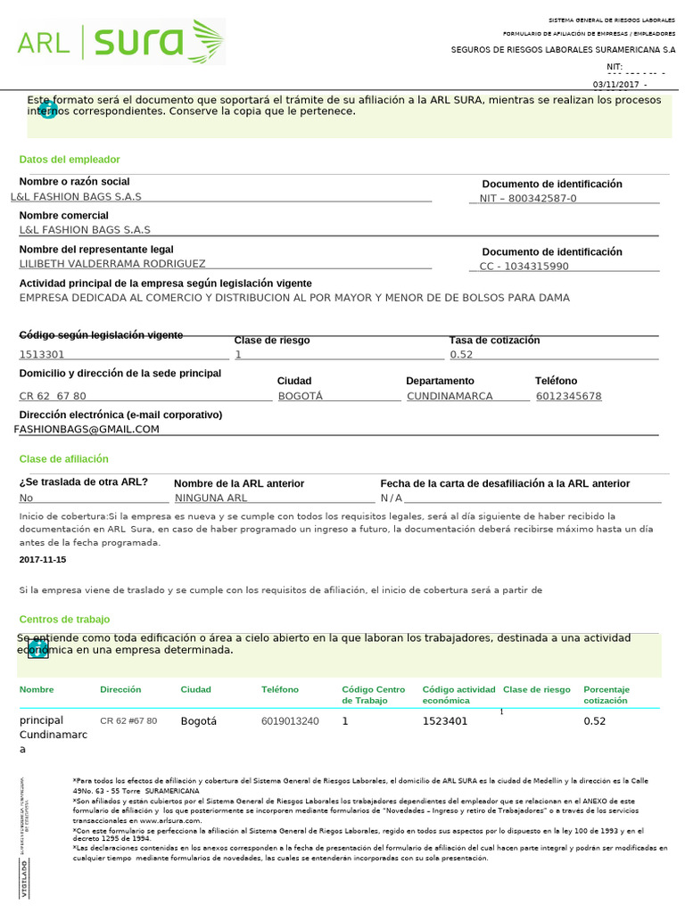 Formulario Afiliacion Arl Sura | PDF | Derecho laboral | Business