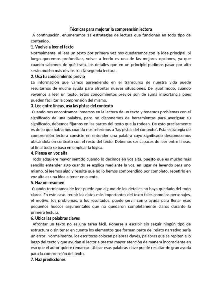 Técnicas para Mejorar La Comprensión Lectora | PDF | Comprensión ...