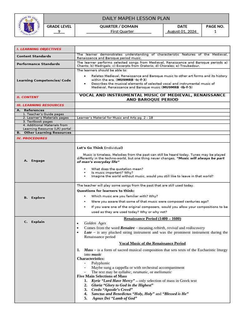 Grade 9 MAPEH Lesson Plan: Music History | PDF | Mass (Liturgy)