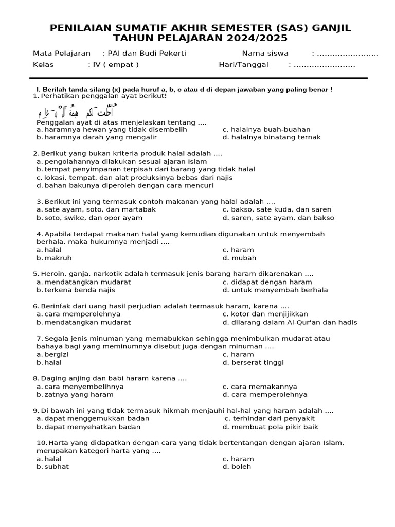 Soal PAS-SAS PAI Kelas 6 Semester 1 Kurikulum Merdeka | PDF