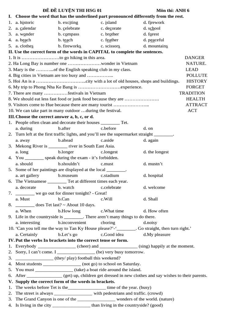 ĐÊ ĐỀ LUYỆN THI HSG ANH 6 | PDF