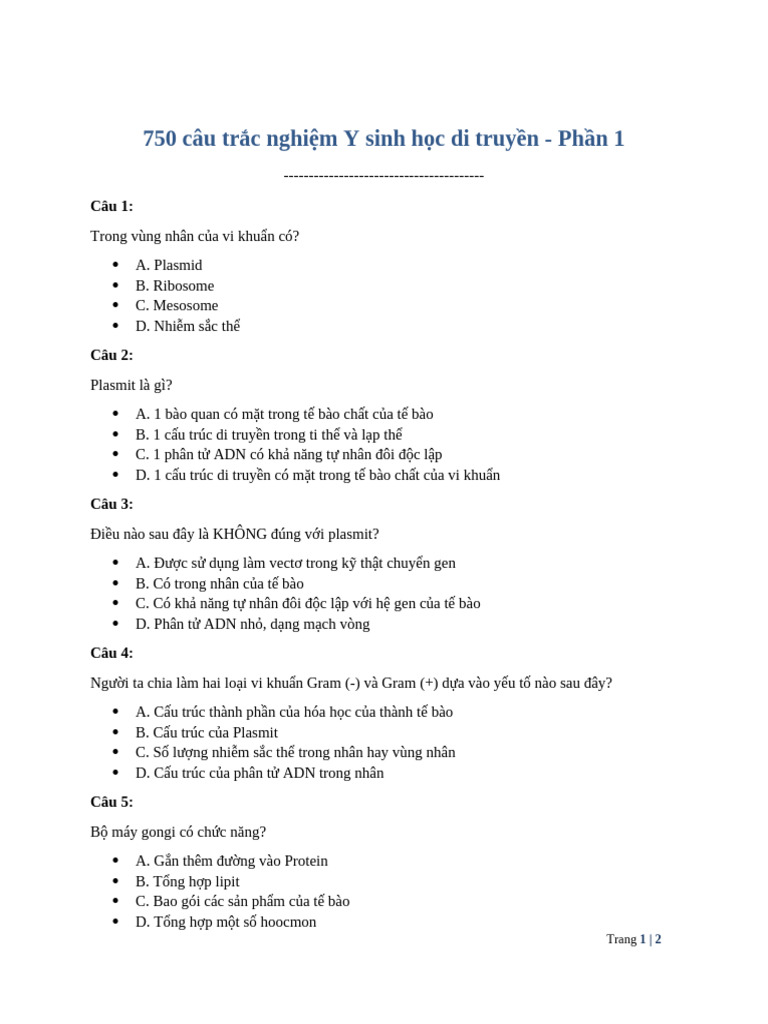750 Cau Trac Nghiem y Sinh Hoc Di Truyen Phan 1 - 2024 - 11 - 21 | PDF