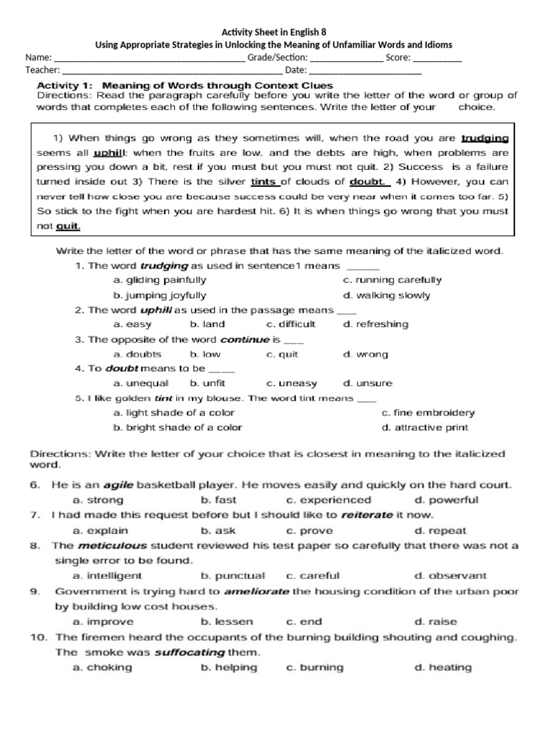 Activity Sheet in English 8Q1-Collocation. Idioms, Context Clues | PDF