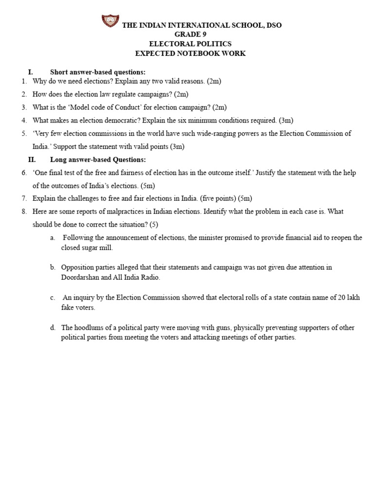Electoral Politics - Expected Notebook Work | PDF