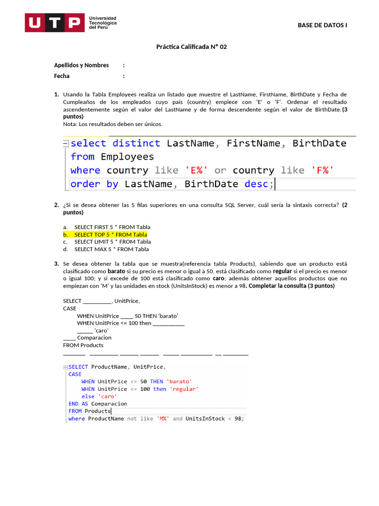 Práctica Calificada #02 - B - Solución | PDF | SQL | Bases de datos