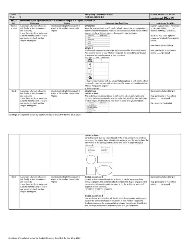 Q1 Week 5 Learning Plan in English 2 | PDF | English Language | Learning