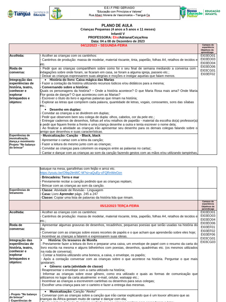 Plano 04 12 Pre Escola | PDF | Pedagogia