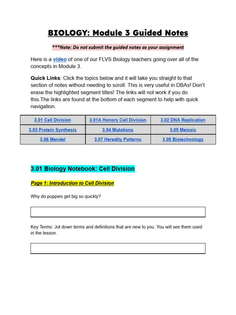 NEW Module 3 Guided Notes-V23 - With Quick Links | PDF | Meiosis ...