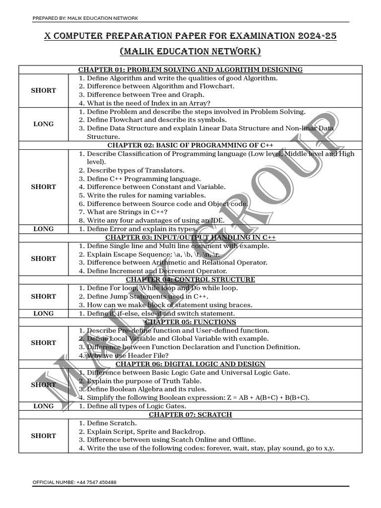 X Computer Preparation Paper 2025 - Malik Group | PDF | C++ | Algorithms