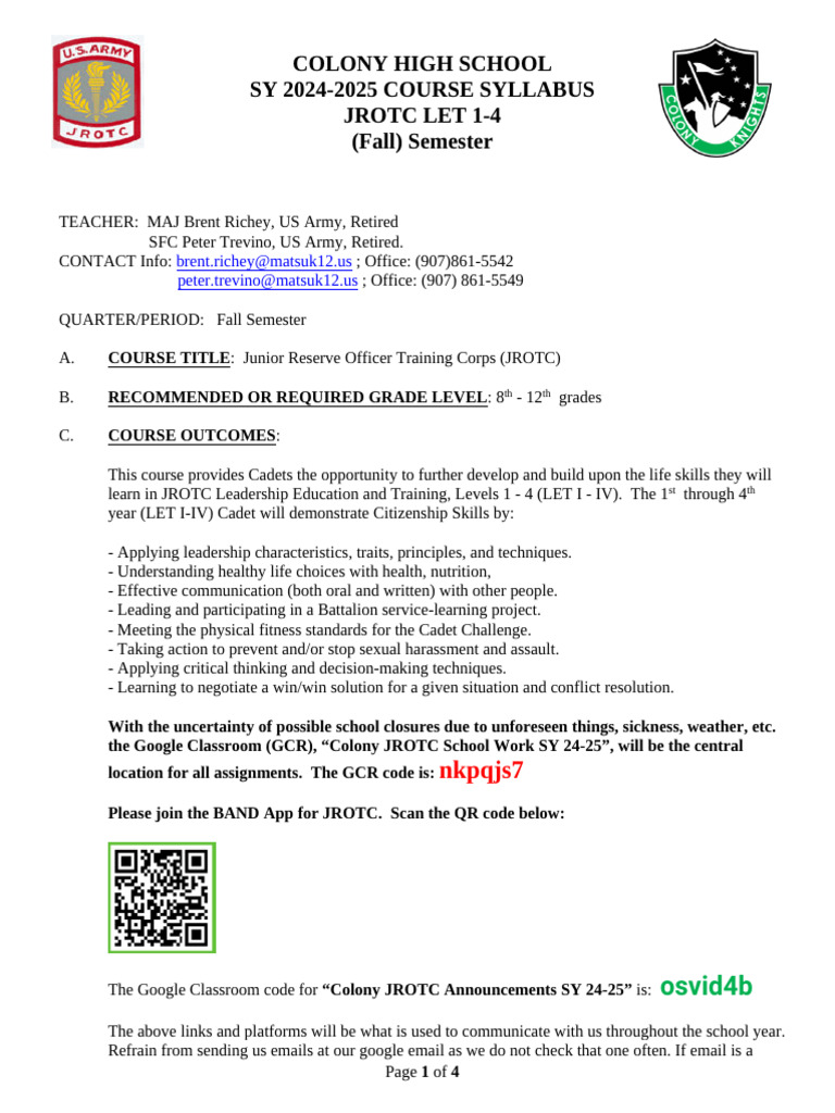 JROTC LET 1 Course Syllabus 2024-25 | PDF | Curriculum