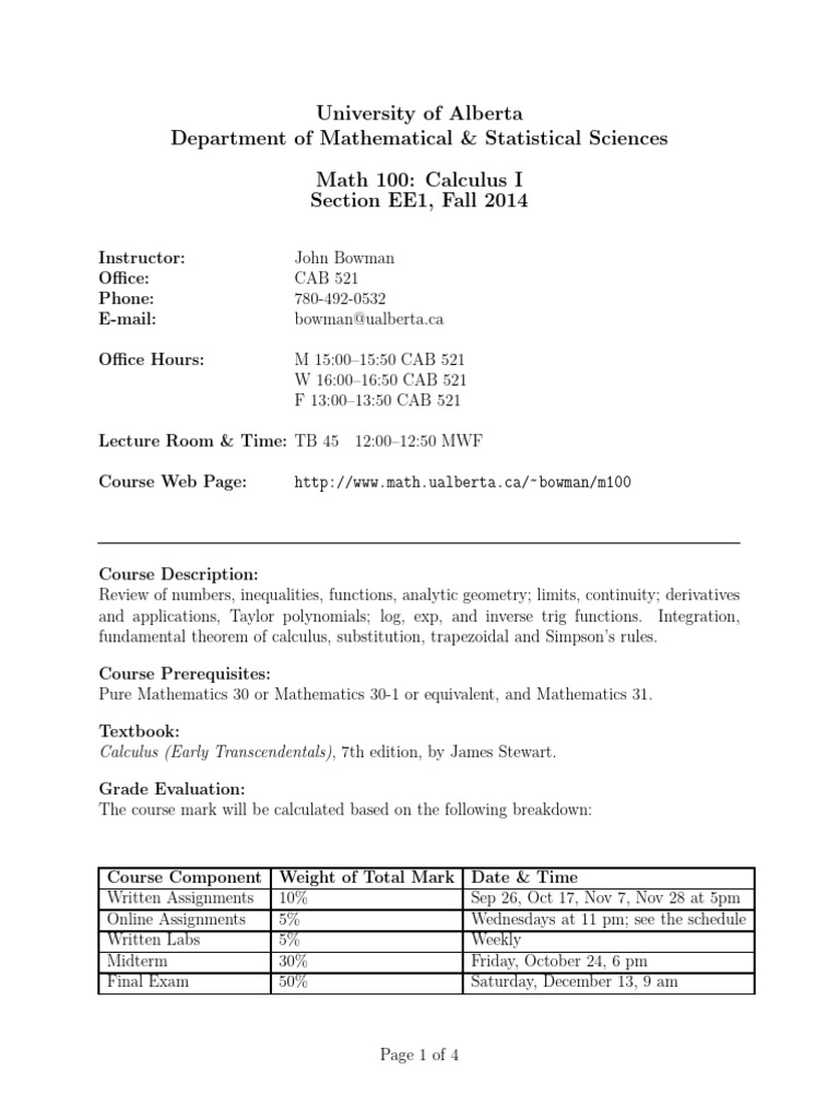 2014 Fall MATH 100 LECTURE EE1 | PDF | Academic Integrity | Mathematics