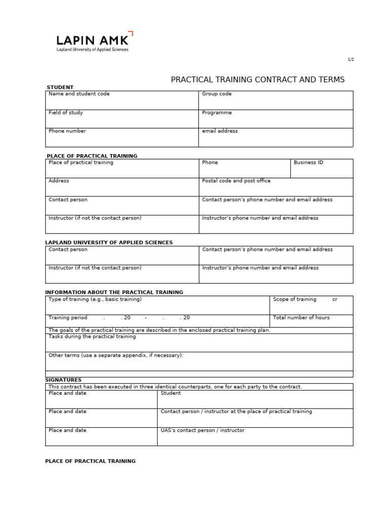 Lapland UAS Practical Training Contract | PDF | Employment | Occupational Safety And Health