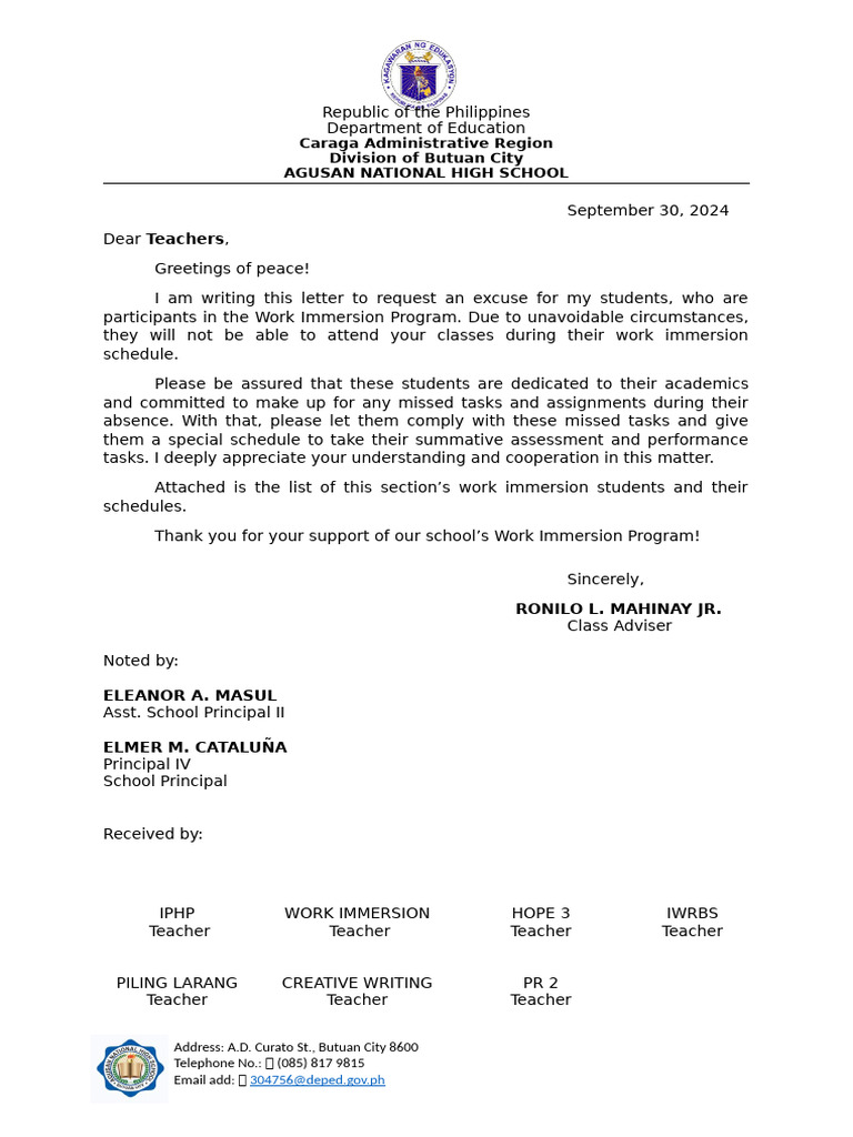 Work Immersion Generic Excuse Letter | PDF