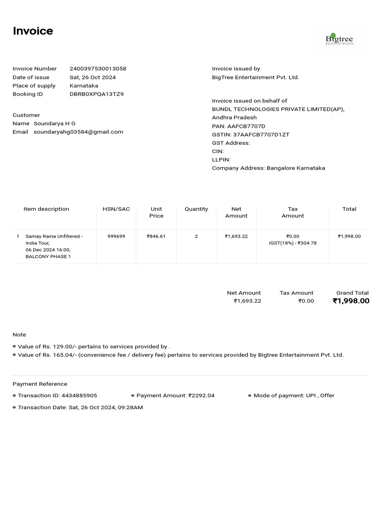 Invoice for Samay Raina Tour Ticket | PDF