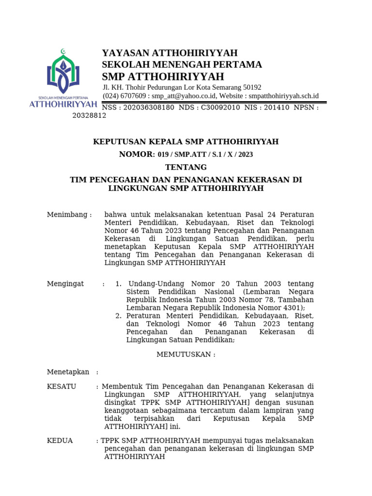 Lampiran 2 - Contoh SK Kepala Satuan Pendidikan Pembentukan TPPK | PDF